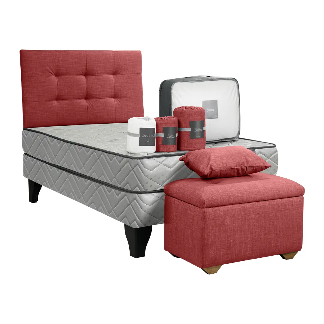 Cama Europea Génesis 1,5 plazas + Set Coral (Respaldo, Faldón, Piecera ...